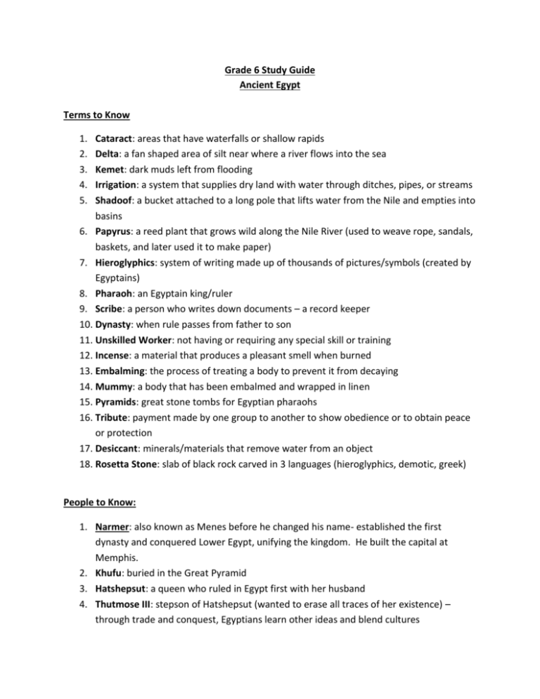 Grade 6 Study Guide Ancient Egypt Terms To Know Cataract Areas
