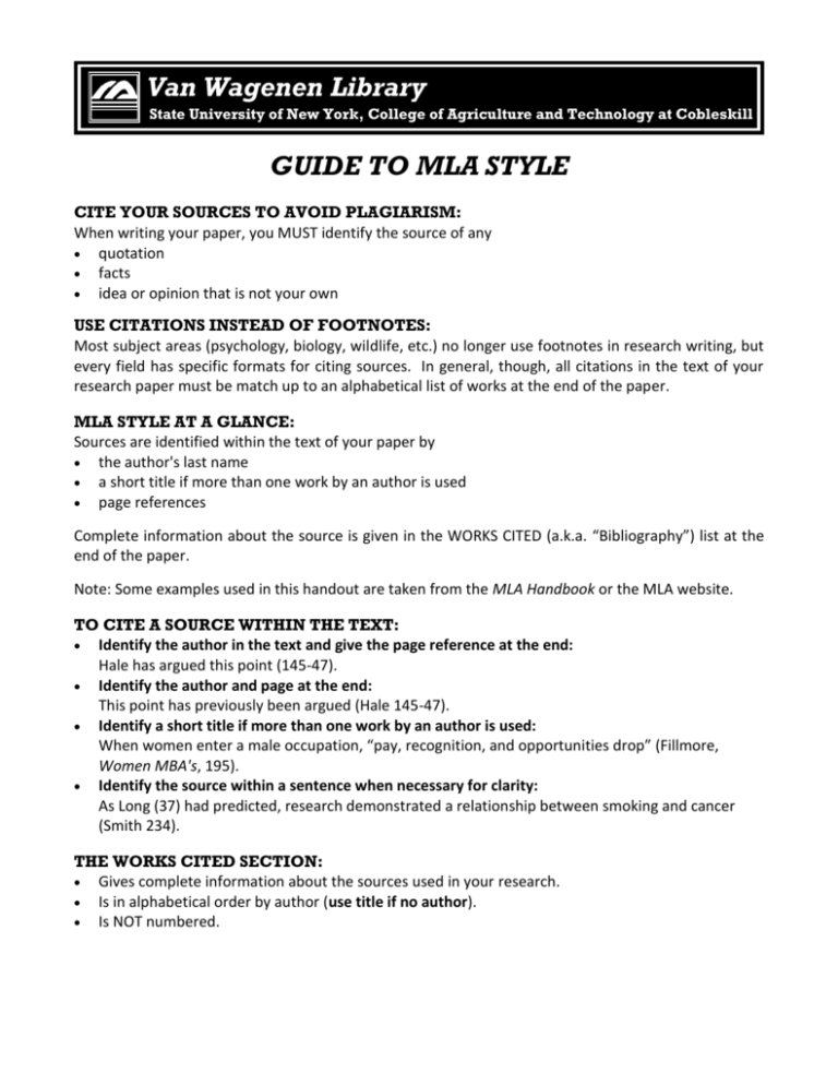 GUIDE TO MLA STYLE