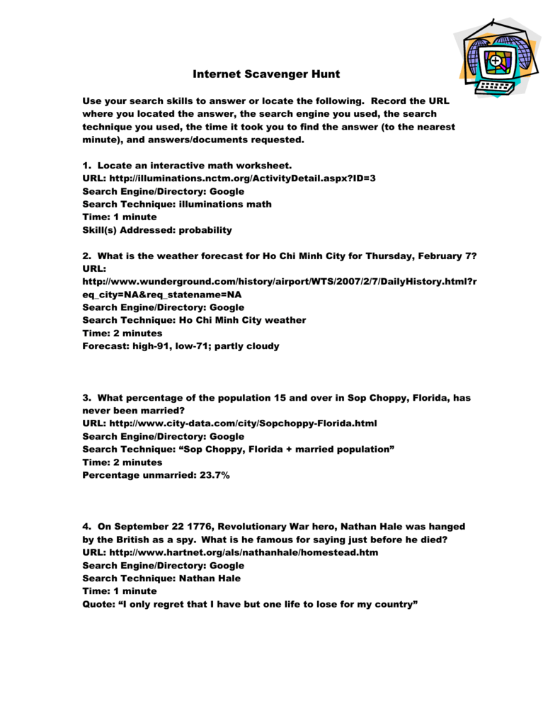 Internet Scavenger Hunt Internet Scavenger Hunt