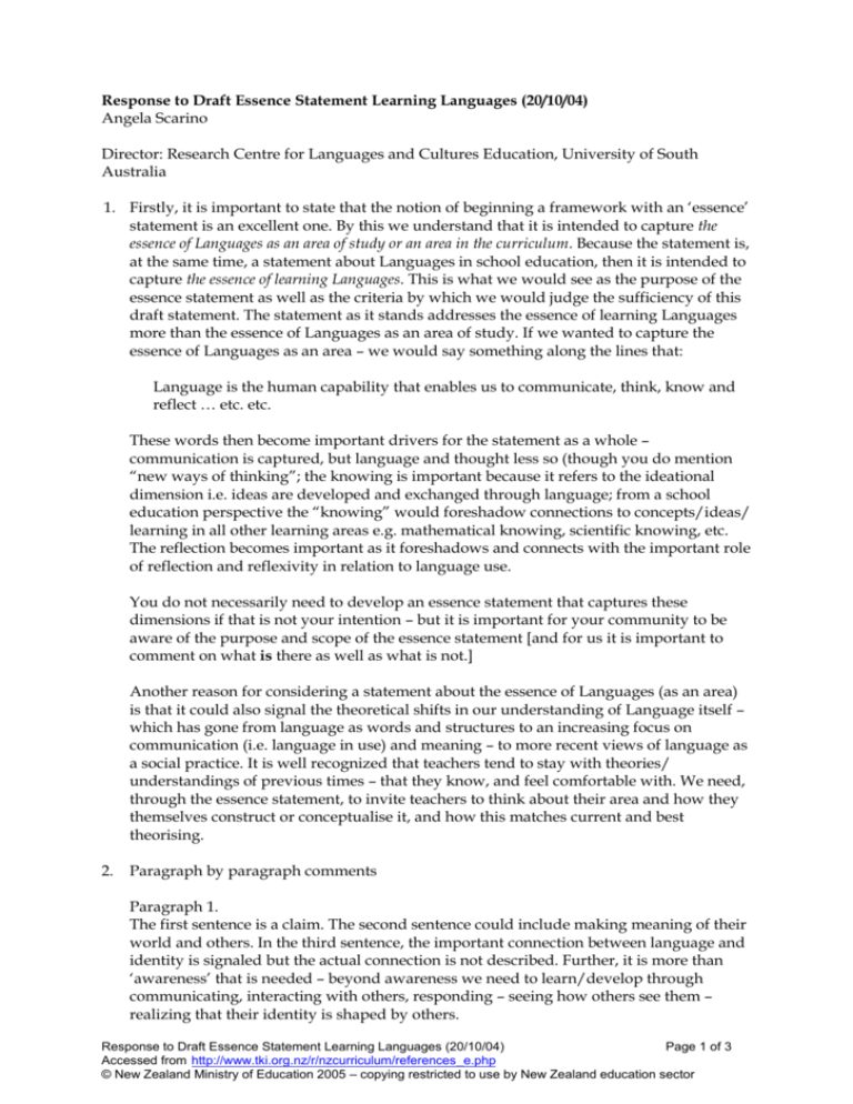 Response to Draft Essence Statement - NZ Curriculum Online