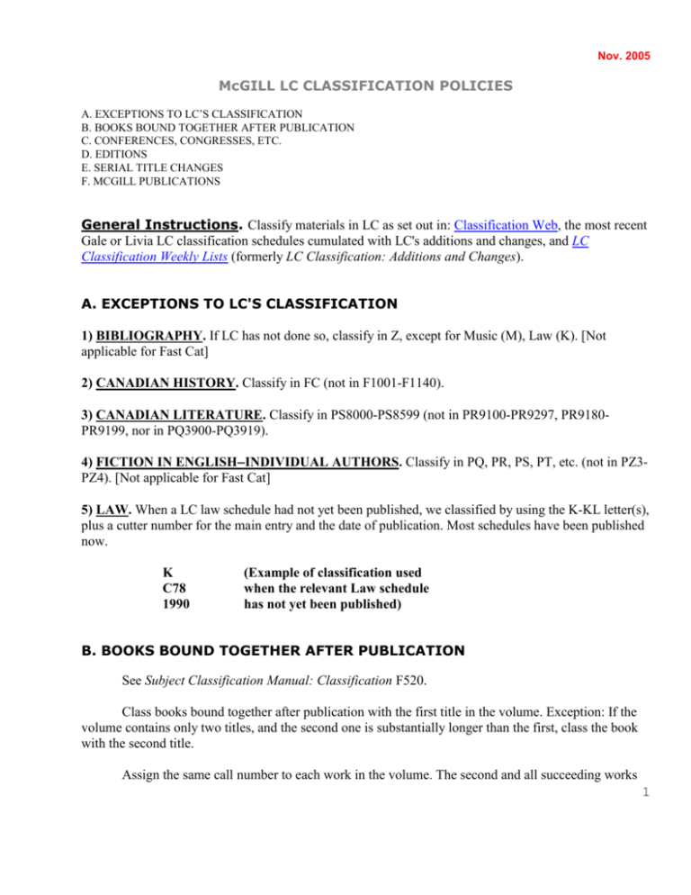 McGill LC Classification Policies
