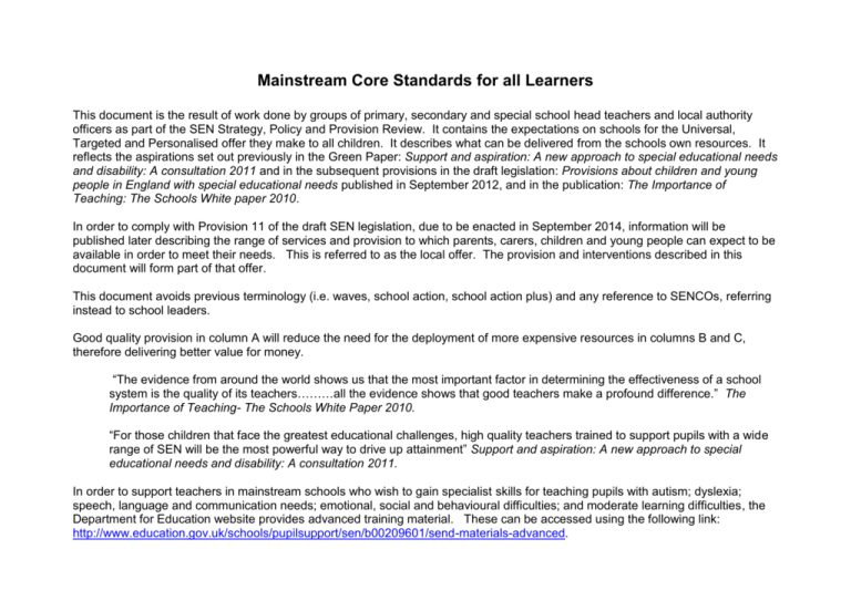 Mainstream Core standards for all learners
