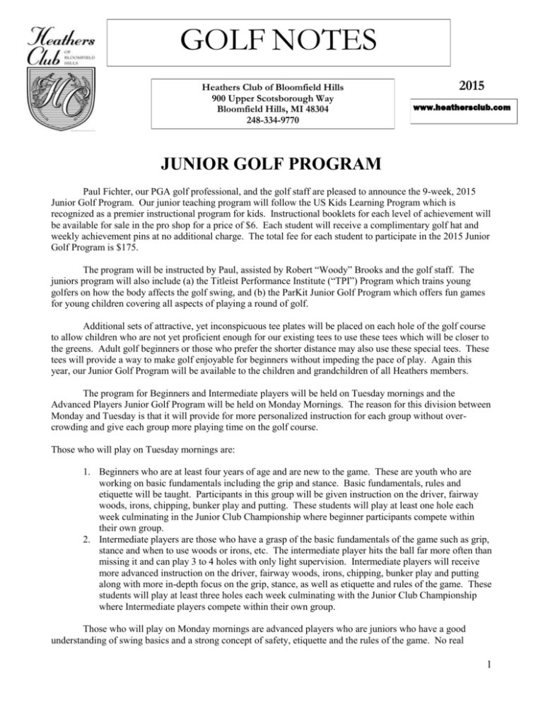 JUNIOR GOLF PROGRAM - Bloomfield Hills Swim & Tennis