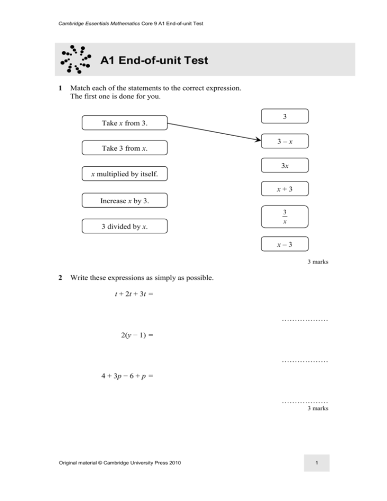 Assessment Year 7 Algebra 1