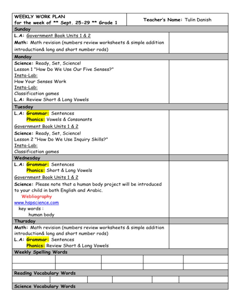 WEEKLY WORK PLAN