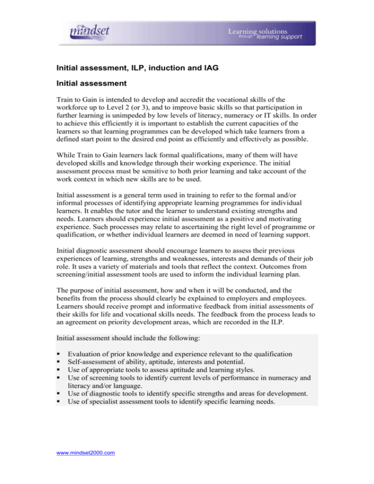 Train to Gain: Initial Assessment, ILP, Induction & IAG