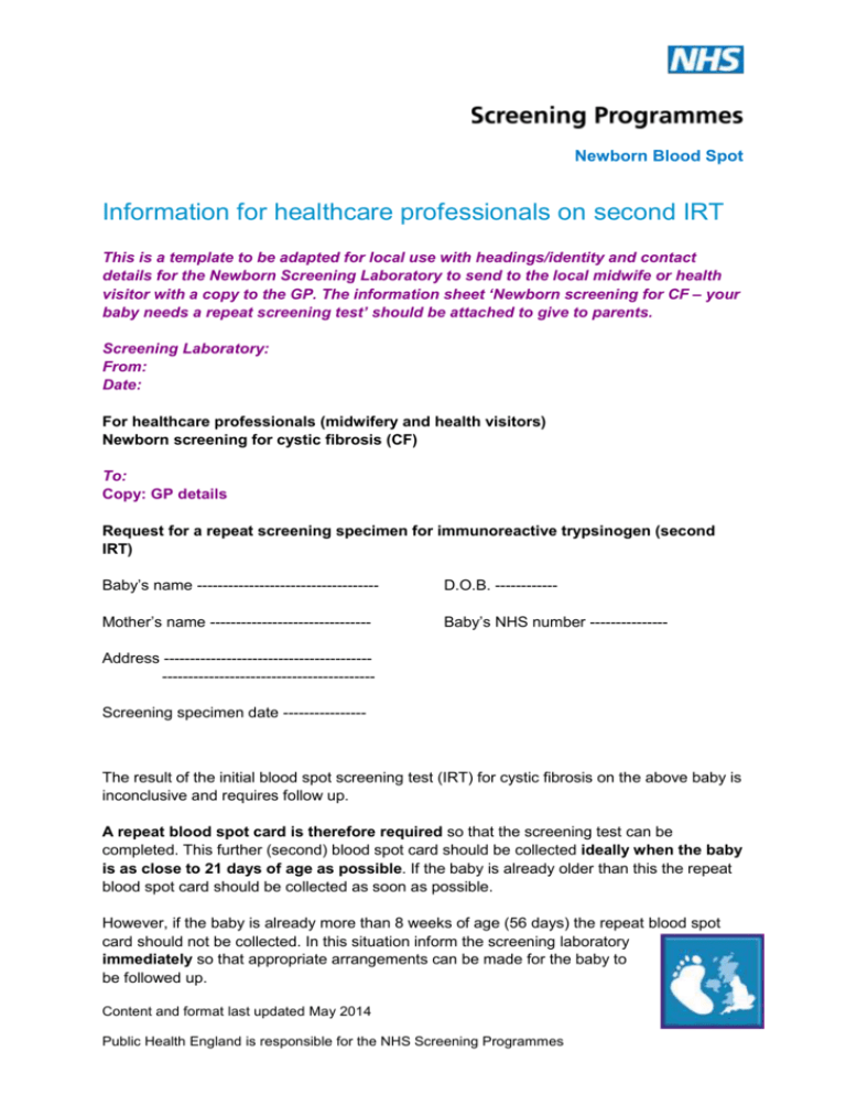 Information for healthcare professionals on second IRT