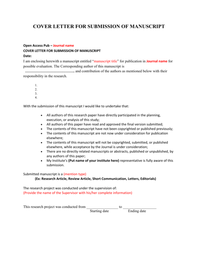 Cover Letter For Submission Of Manuscript