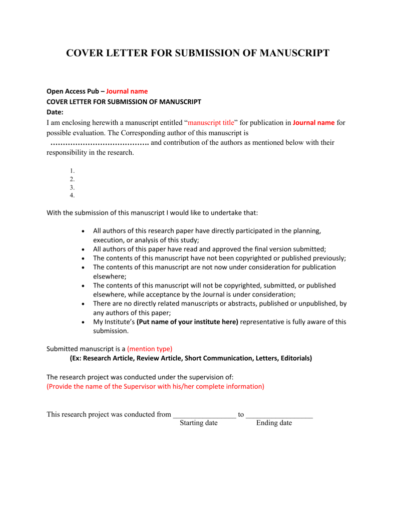 Cover Letter For Submission Of Manuscript