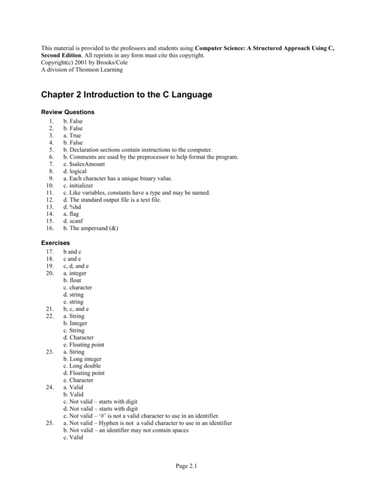 Chapter 2 Introduction To The C Language