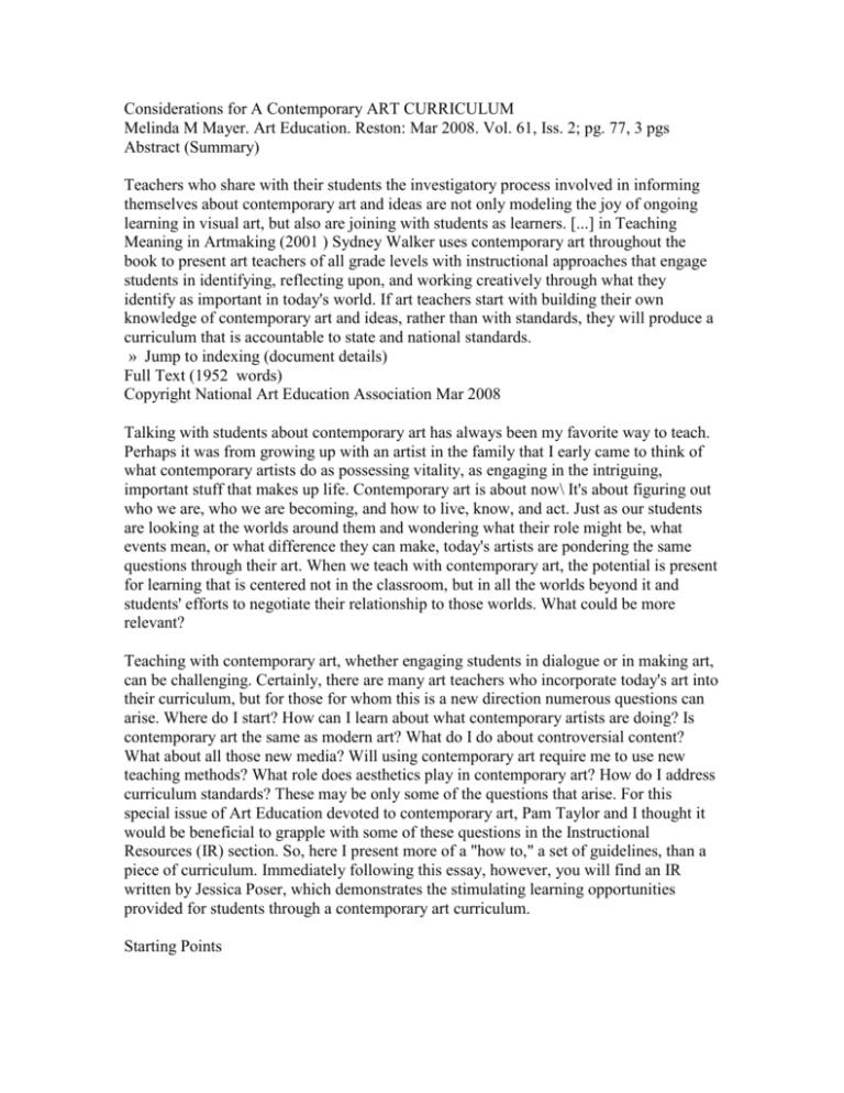 Considerations For A Contemporary ART CURRICULUM
