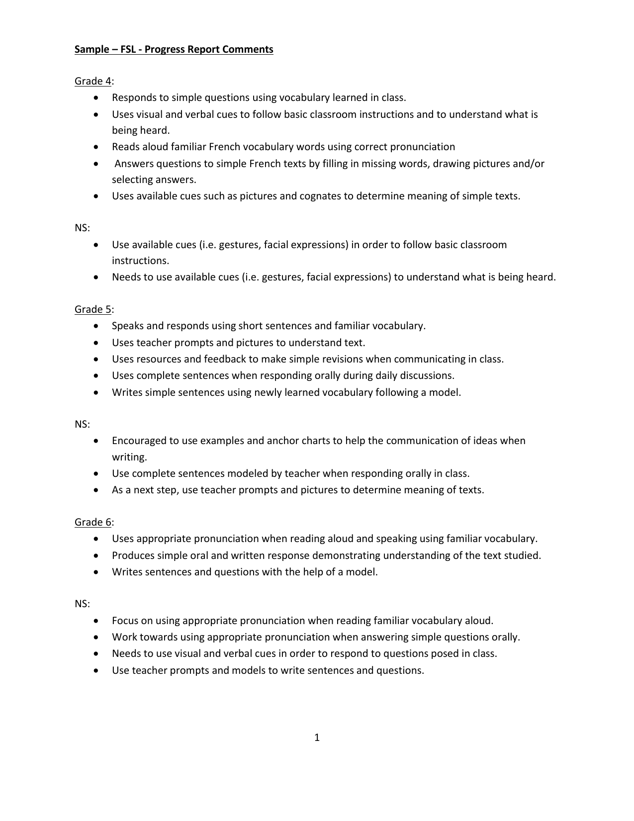 Sample FSL Progress Report Comments