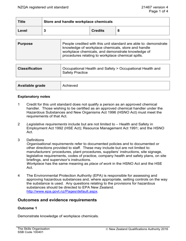 21467 Store and handle workplace chemicals 21467 Store and handle workplace chemicals