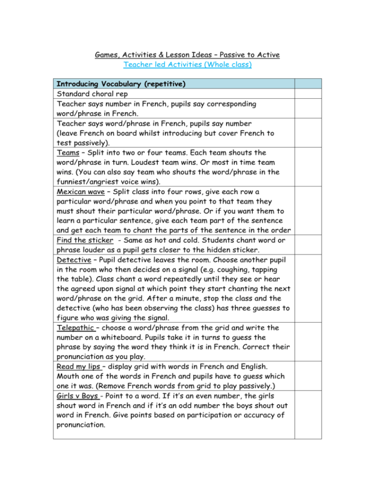 Whole Class Games Activities Passive To Acting