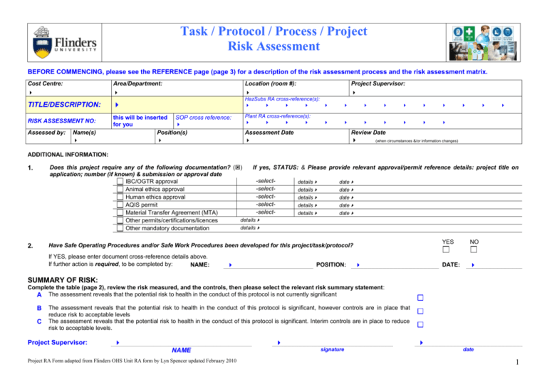 Risk Assessment Form - Project Safety