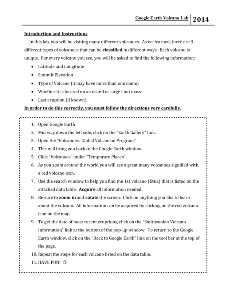 Google Earth Volcano Lab Worksheet