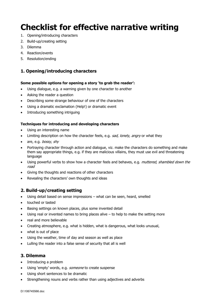 Checklist For Effective Narrative Writing Checklist For Effective Narrative Writing