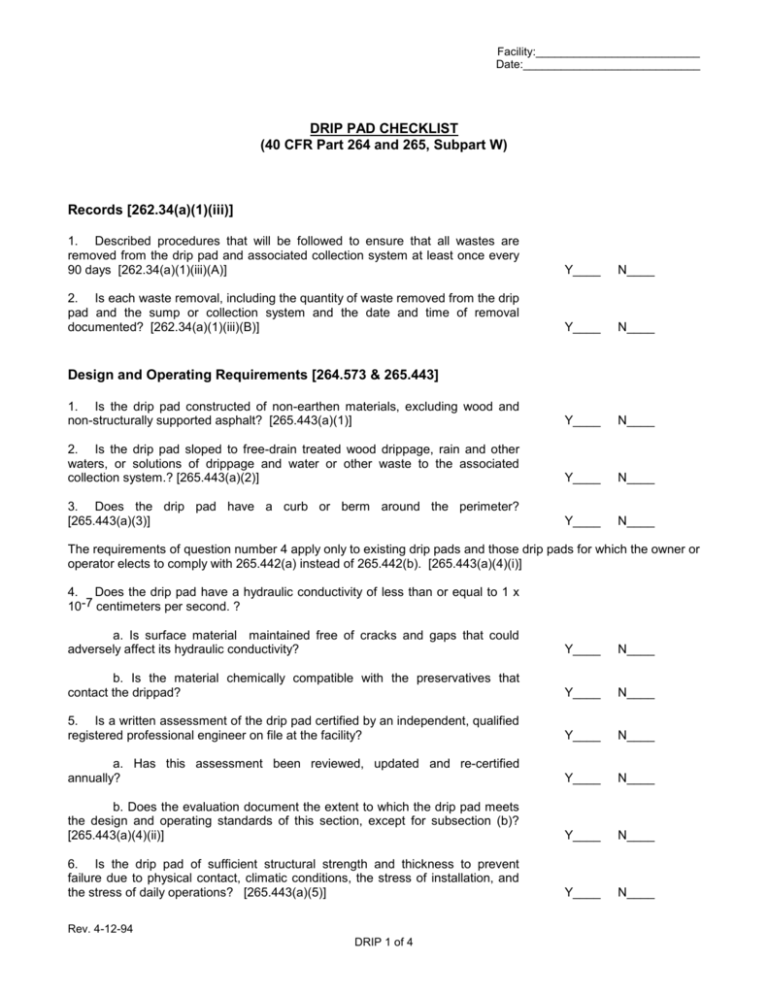 DRIP PAD CHECKLIST - Hazardous Waste Regulation