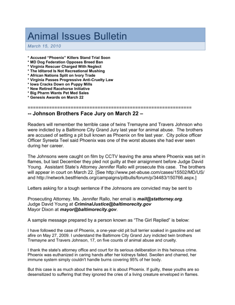 Animal Issues For March 15 2010 Animal Issues For March 15 2010