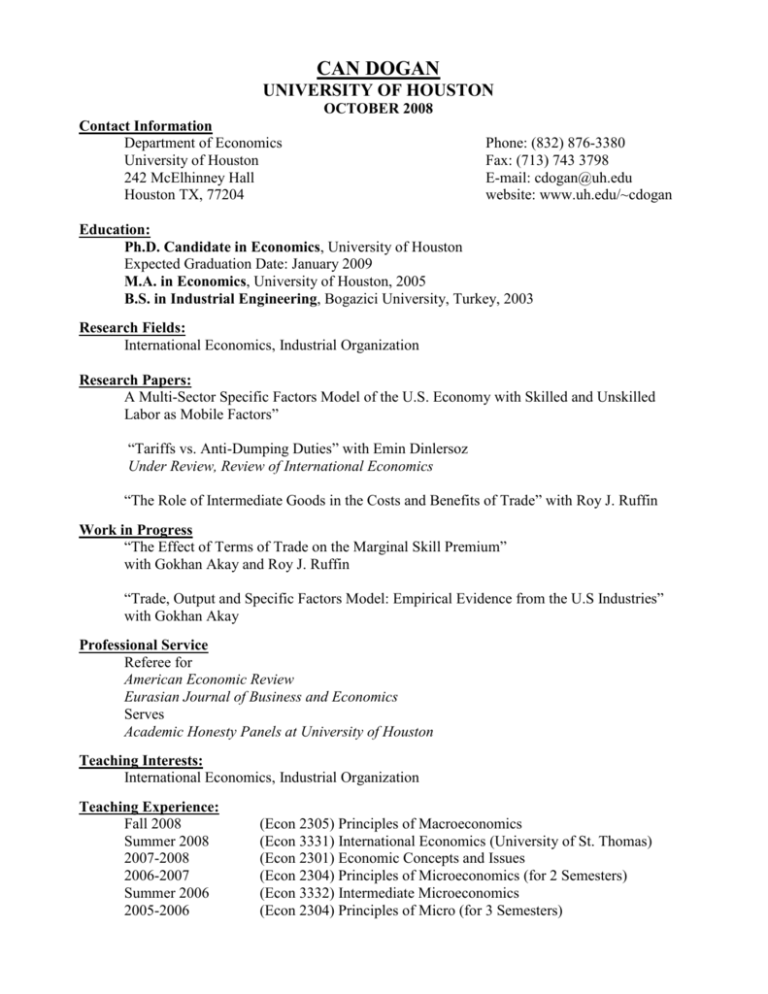 Curriculum Vitae University Of Houston