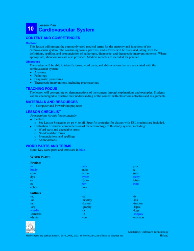 Cardiovascular System Terminology Lesson Plan