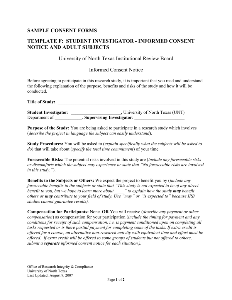 Template F IRB Informed Consent Notice