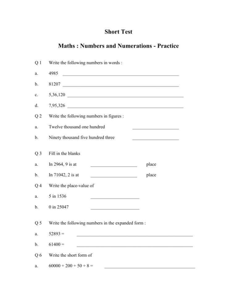 Short Test Number And Numerations Short Test Number And Numerations