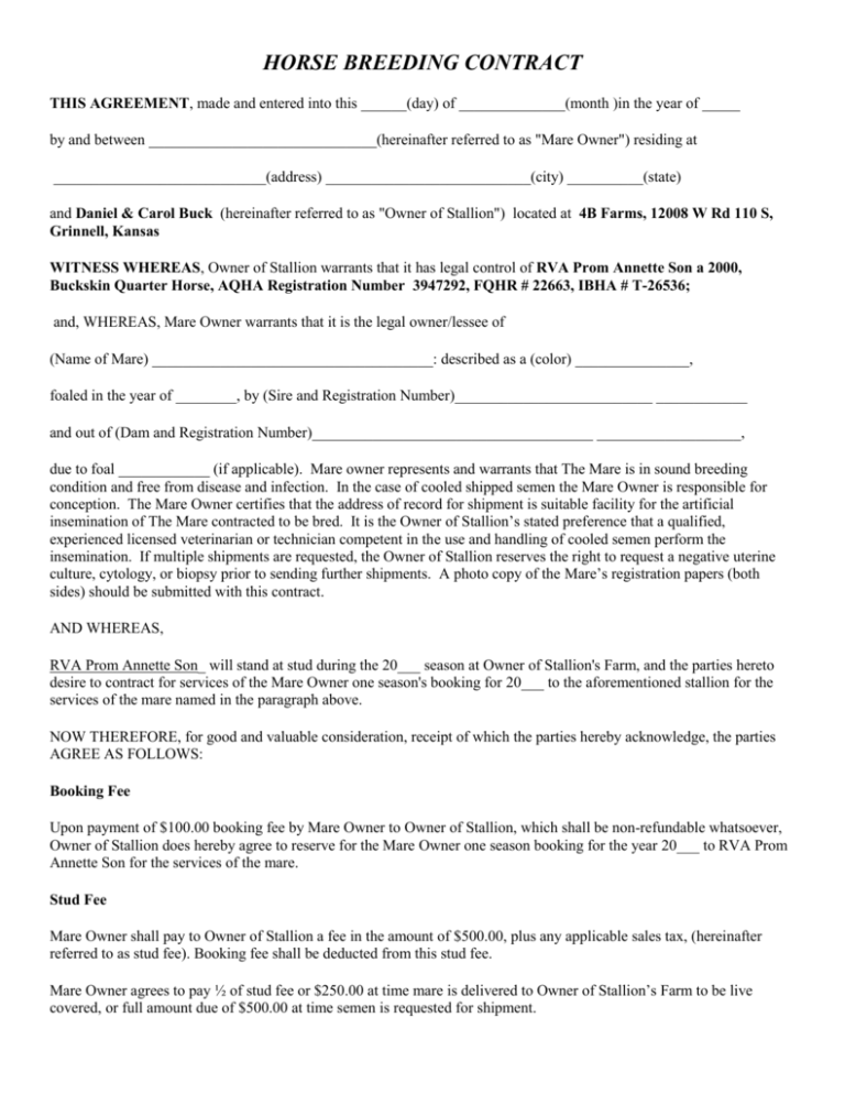 HORSE BREEDING CONTRACT