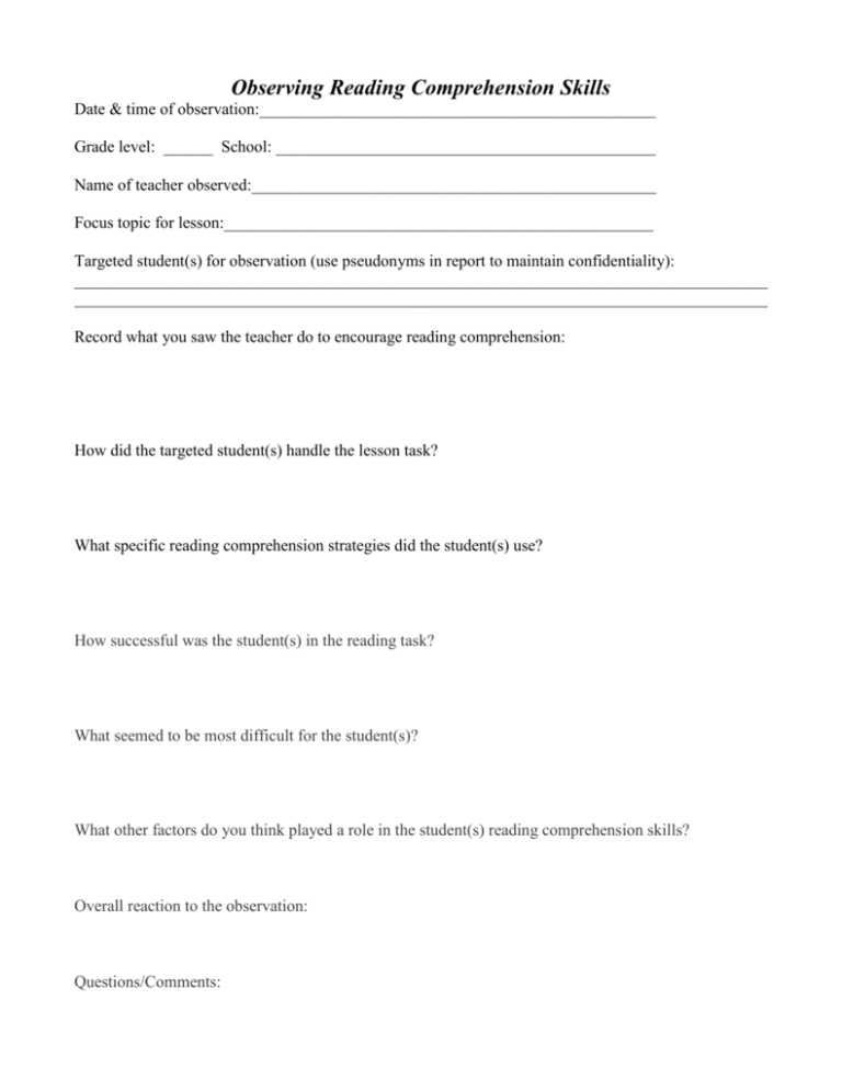 Reading Comprehension Observation Form Reading Comprehension Observation Form