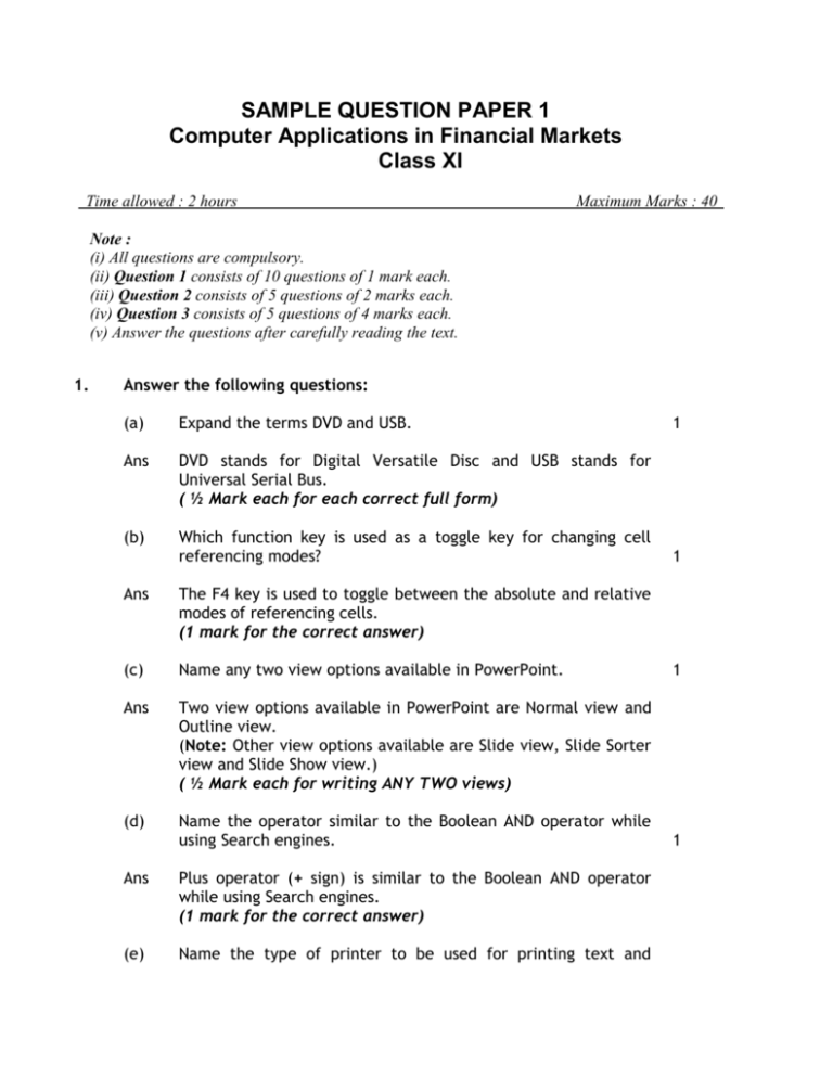 SAMPLE QUESTION PAPER 1