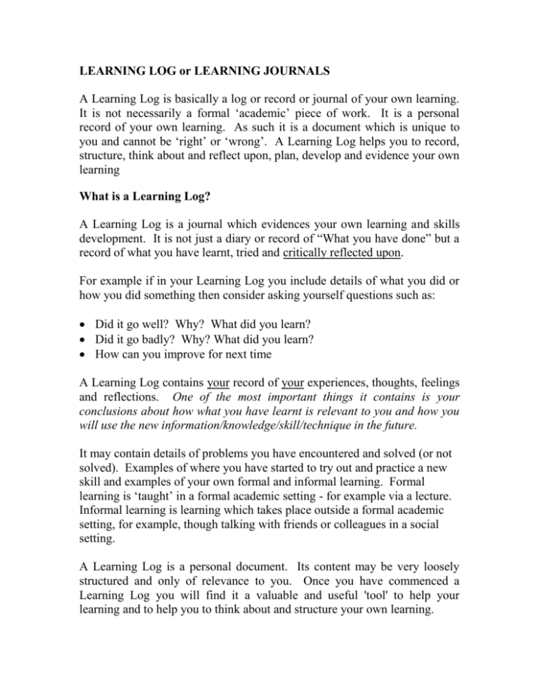 LEARNING LOG Or LEARNING JOURNALS