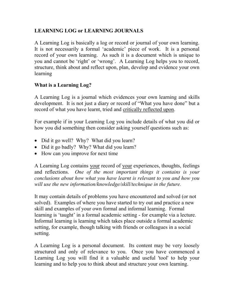 LEARNING LOG Or LEARNING JOURNALS