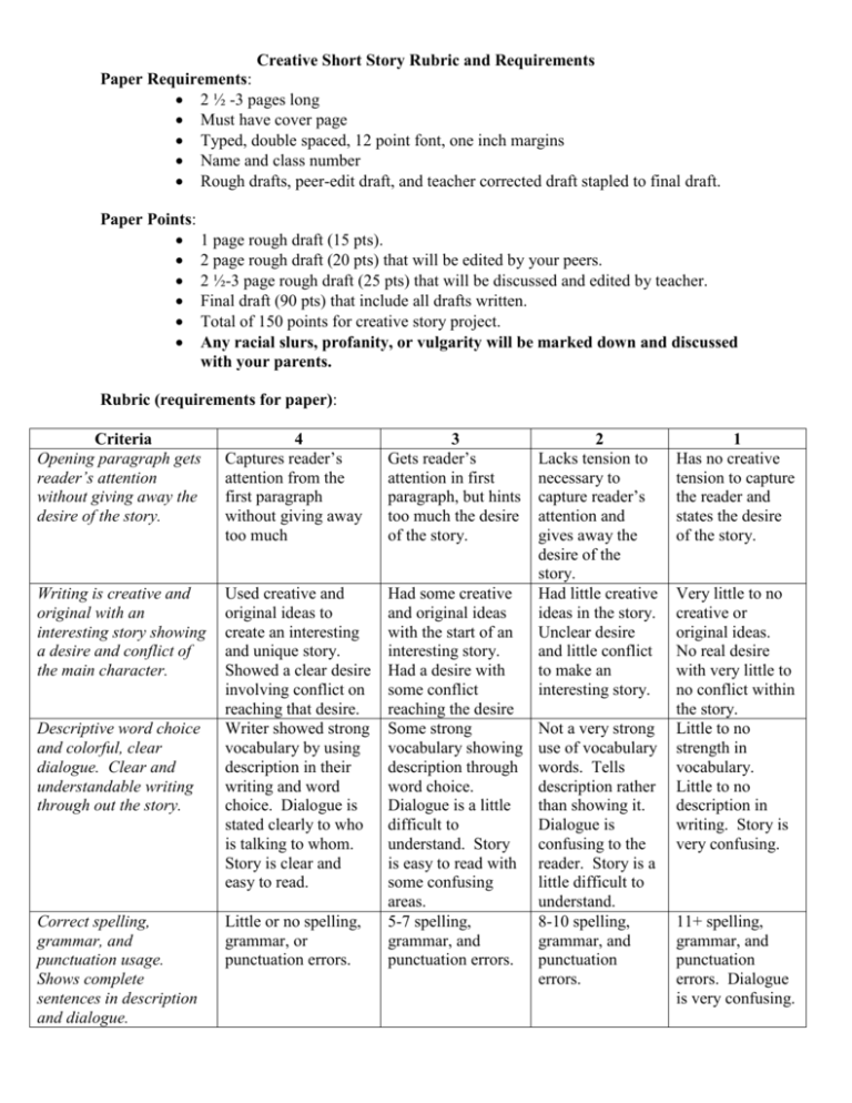 Creative Short Story Rubric And Requirements
