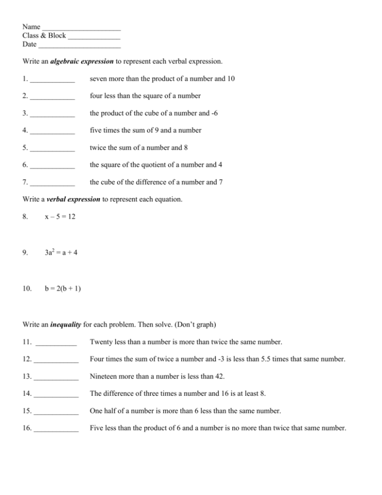 Write An Algebraic Expression To Represent Each Verbal Expression