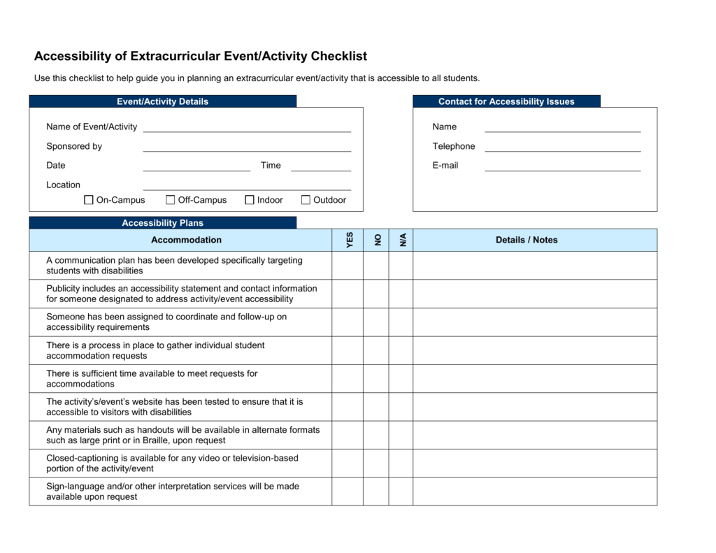Accessibility Of Extracurricular Event Activity Checklist
