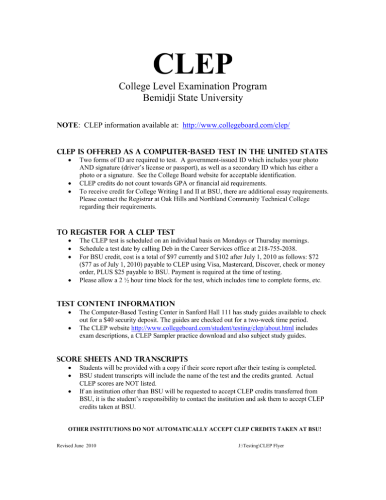 CLEP Bemidji State University CLEP Bemidji State University