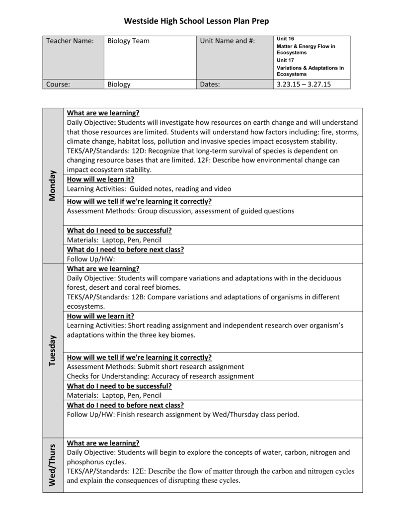 Westside High School Lesson Plan Prep Teacher Name Biology