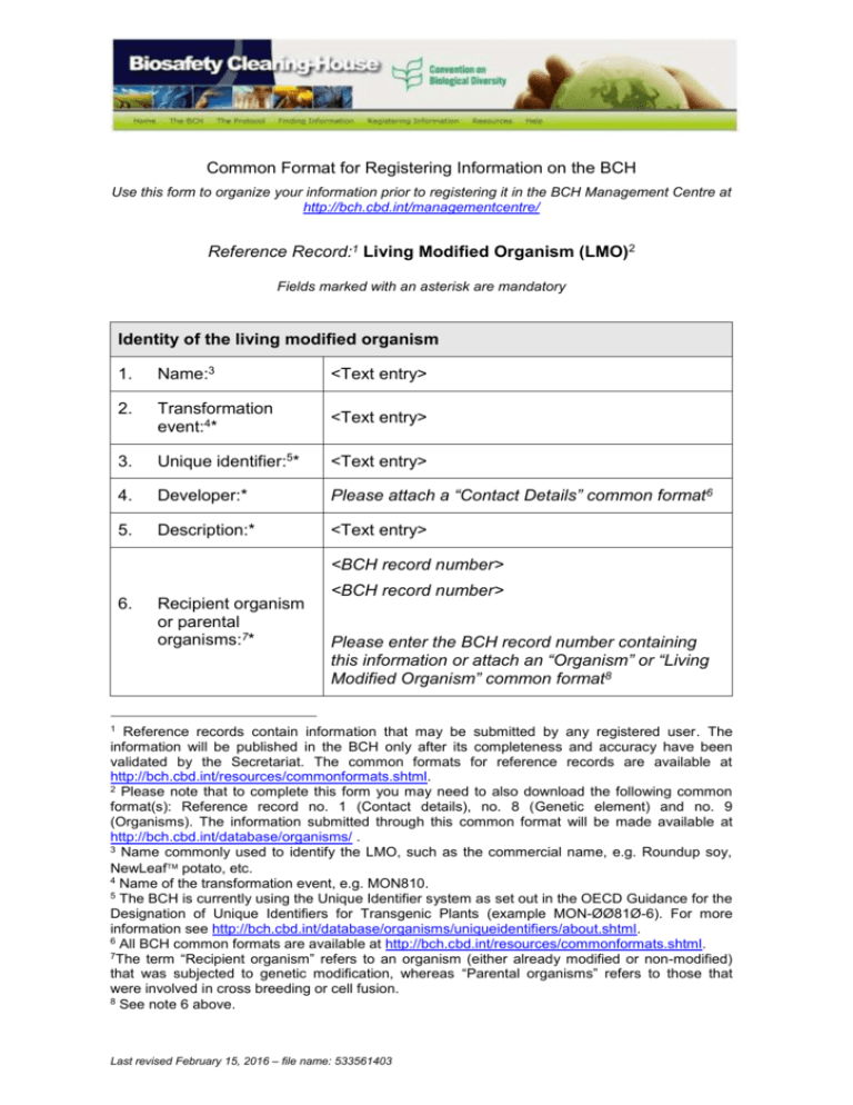 Reference Record Living Modified Organism LMO Reference Record Living Modified Organism LMO