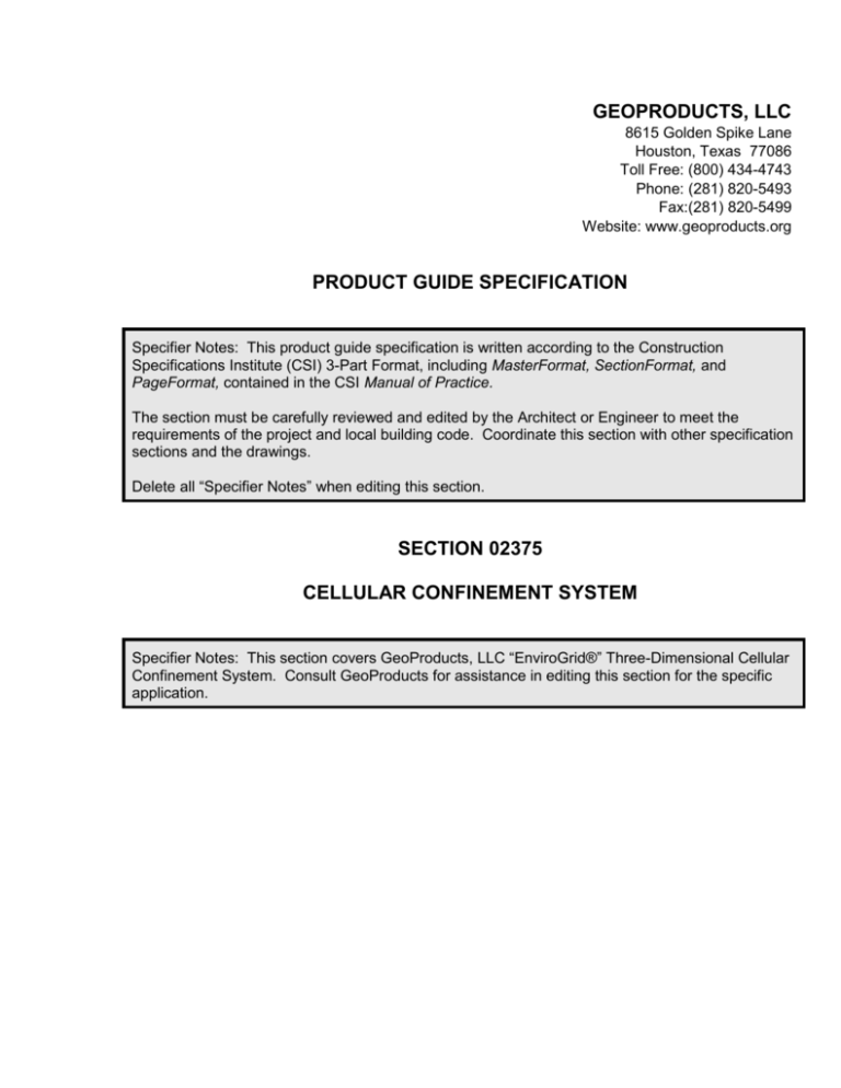 EnviroGrid EGA Series CSI-Formatted Specifications