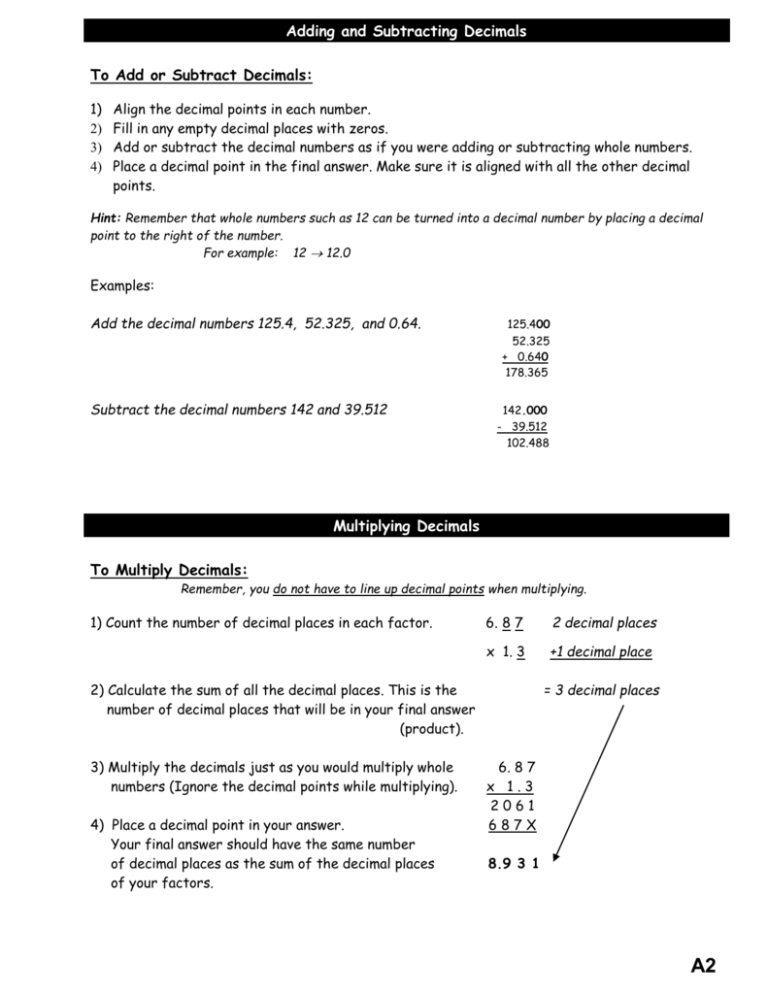 Adding And Subtracting Decimals