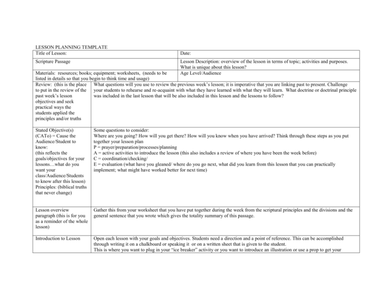 LESSON PLANNING TEMPLATE LESSON PLANNING TEMPLATE