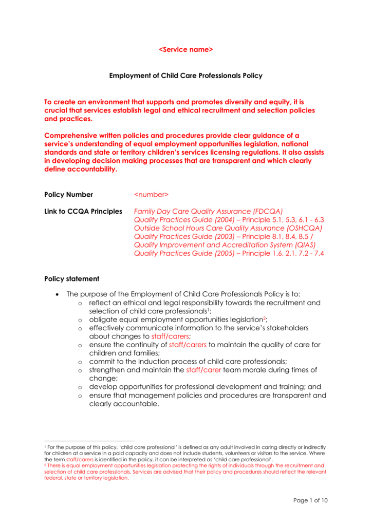 Sample Employment Of Child Care Professionals Policy