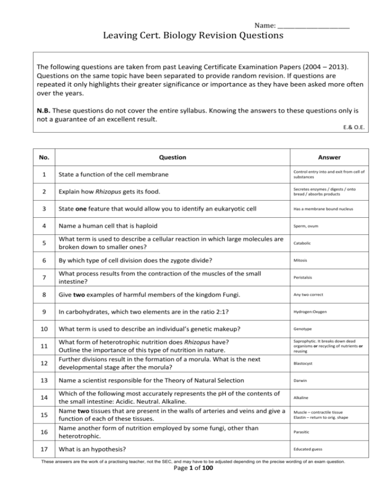 Leaving Cert Biology Revision Questions Leaving Cert Biology Revision Questions