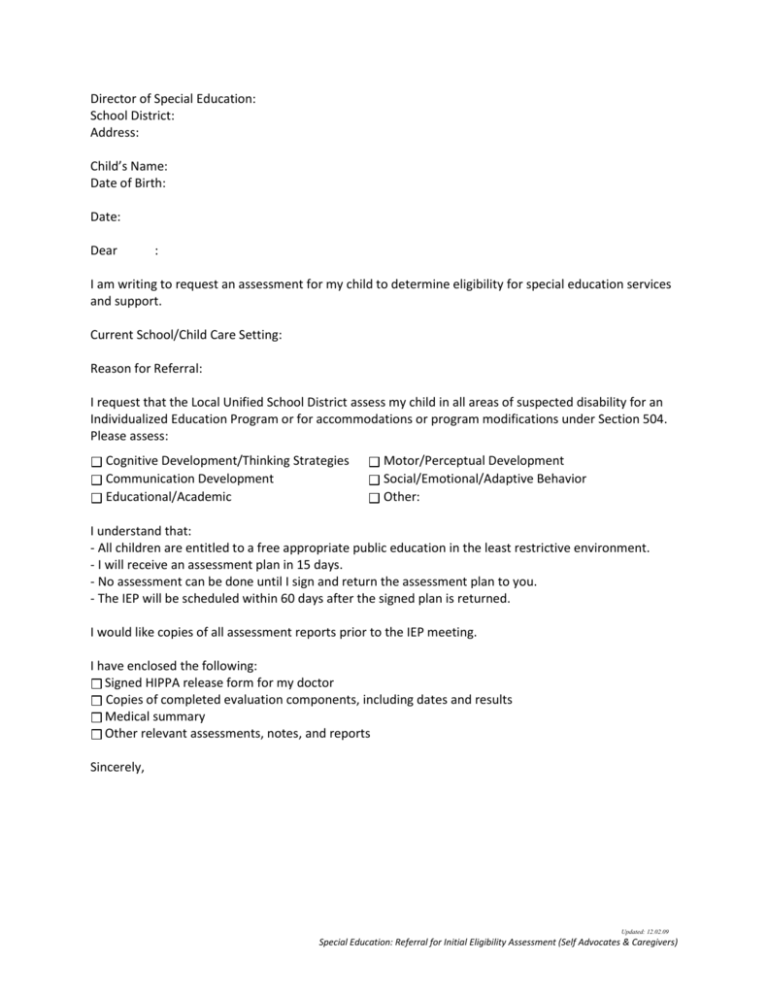 Sample IEP Assessment Request Letter