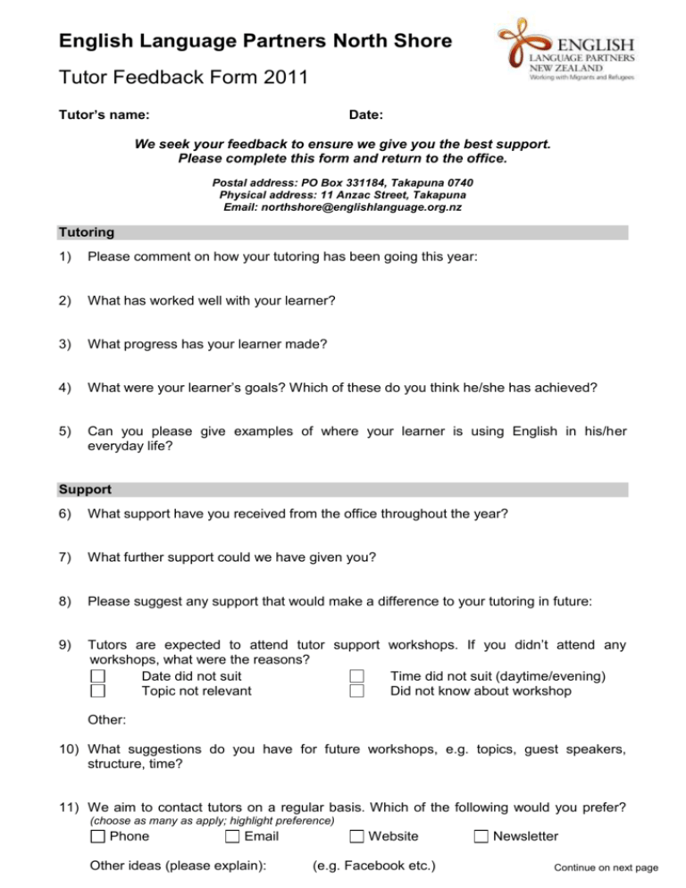 Tutor Feedback Form English Language Partners