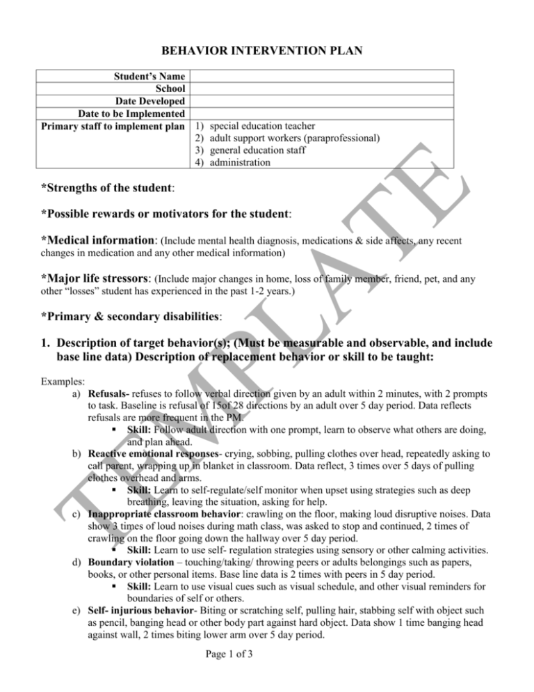 Behavior Intervention Plan Template & Examples