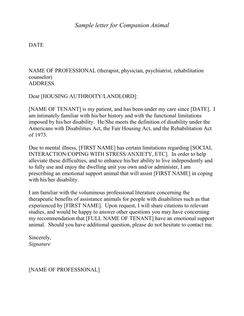 Sample Letter For Companion Animal