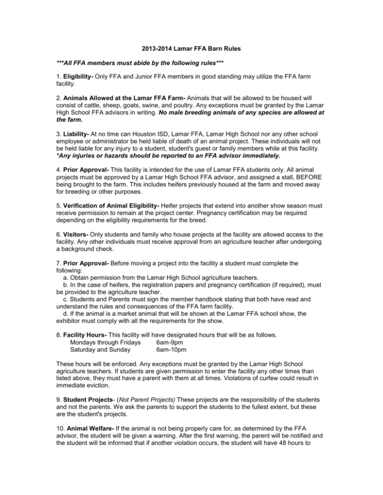 2013 2014 Lamar FFA Barn Rules 2013 2014 Lamar FFA Barn Rules