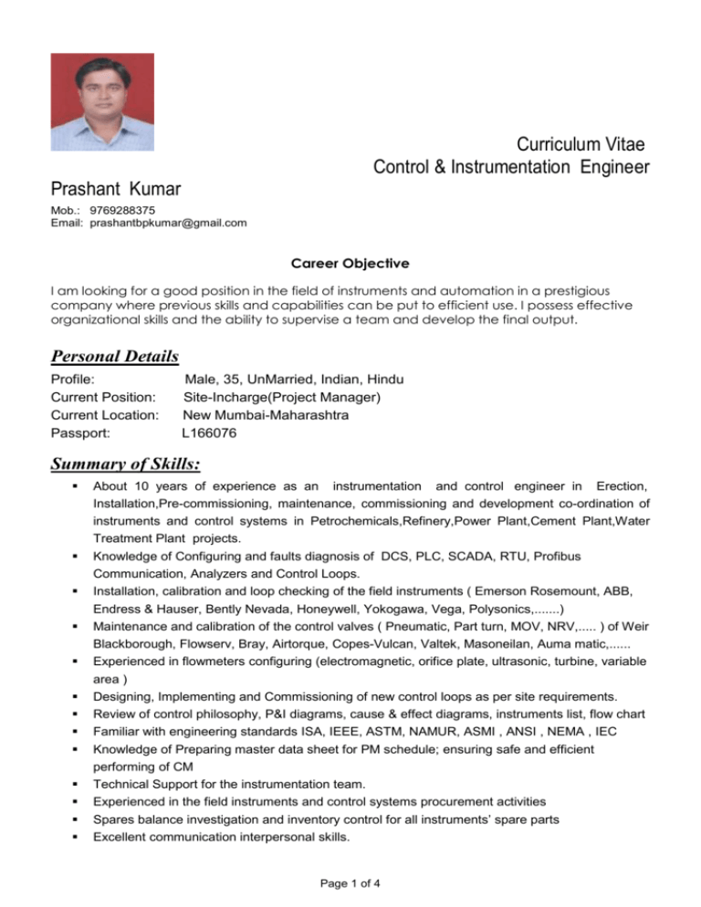 Prashant Kumar Control Instrumentation Engineer CV