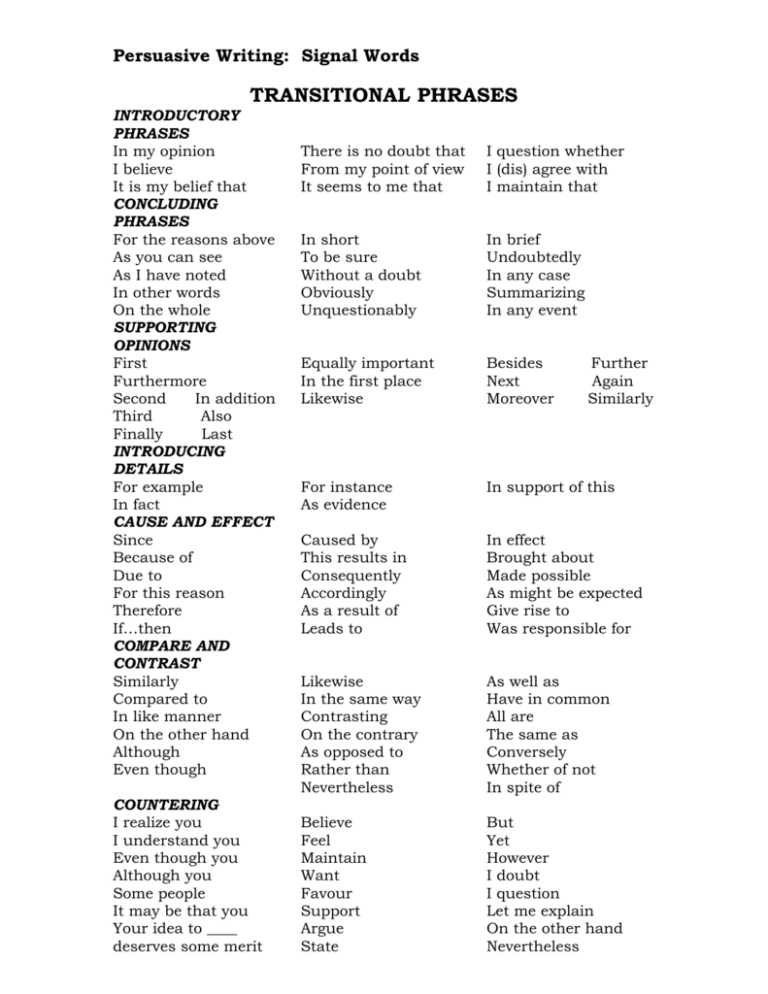 Persuasive Writing Signal Words Transitions
